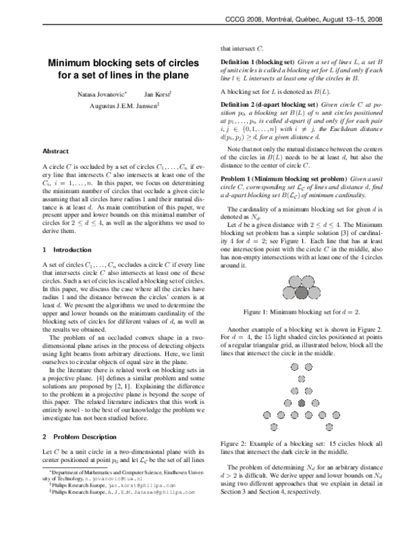 (PDF) Minimum blocking sets of circles for a set of lines in the plane