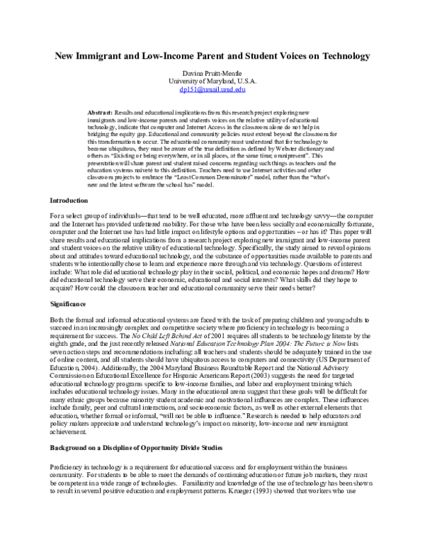 (PDF) New Immigrant and Low-Income Parent and Student Voices on Technology