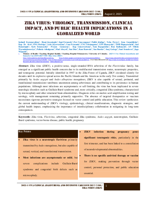 (PDF) Zika Virus: Virology Transmission Clinical Impact and Public ...