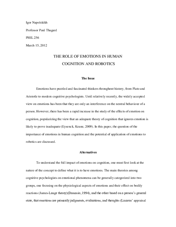 (PDF) The Role of Emotions in Human Cognition and Robotics