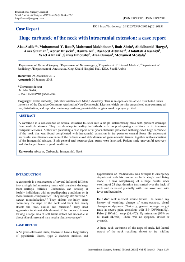 (PDF) Huge carbuncle of the neck with intracranial extension: a case report