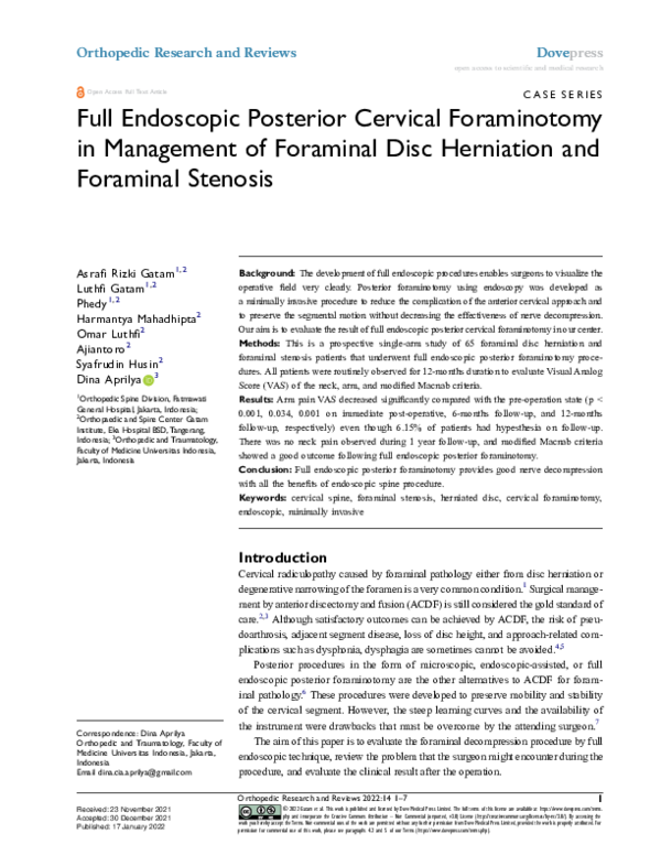 (PDF) Full Endoscopic Posterior Cervical Foraminotomy in Management of ...