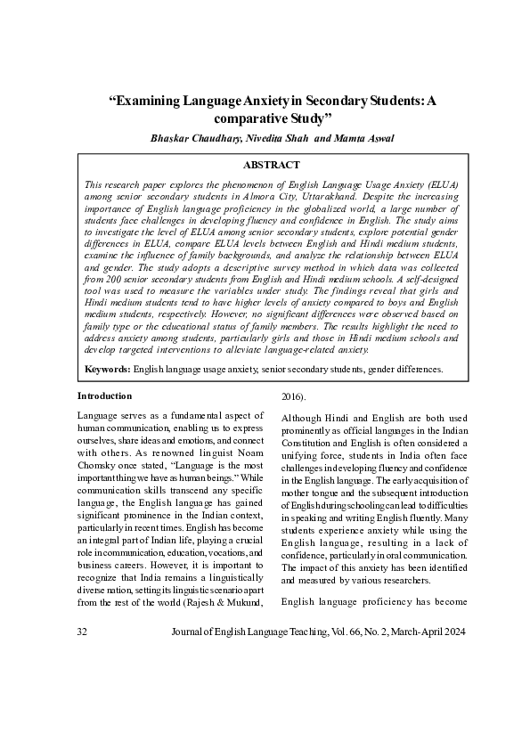 (PDF) "Examining Language Anxiety in Secondary Students: A comparative ...