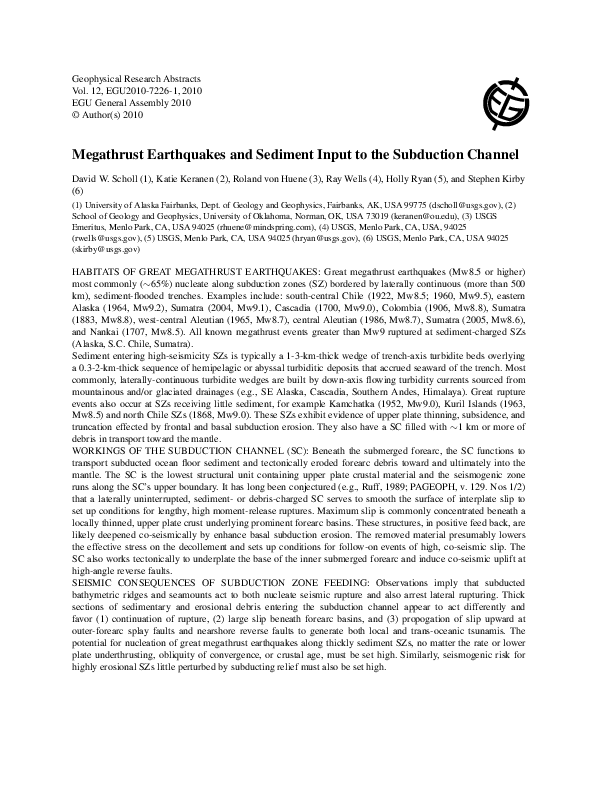 (PDF) Megathrust Earthquakes and Sediment Input to the Subduction Channel