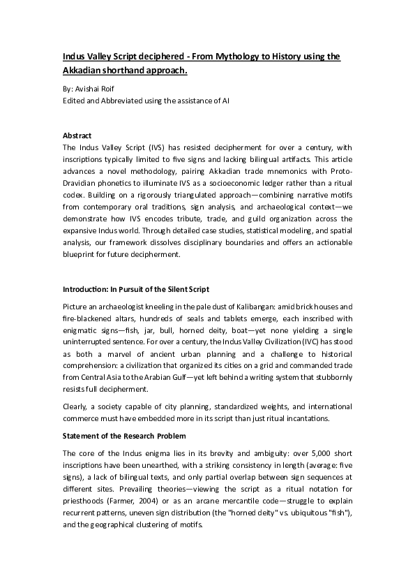 (PDF) Indus Valley Script deciphered - From Mythology to History using ...