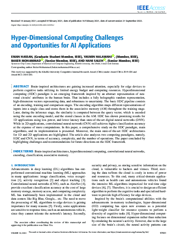(PDF) Hyper-Dimensional Computing Challenges and Opportunities for AI Applications