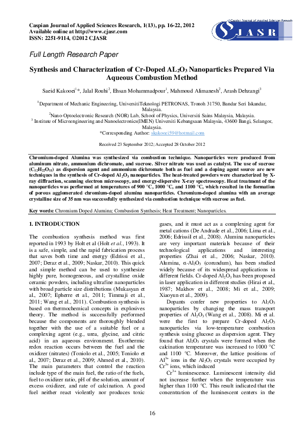 (PDF) Synthesis and Characterization of Cr-Doped AL2O3 Nanoparticles Prepared Via Aqueous ...