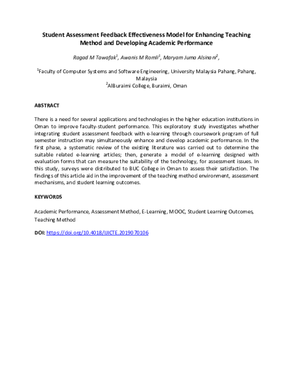 (PDF) Student Assessment Feedback Effectiveness Model for Enhancing Teaching Method and ...