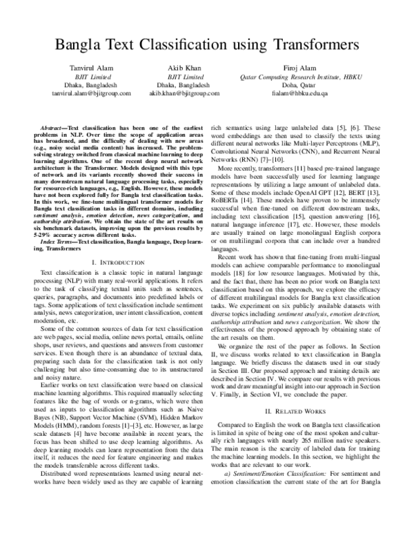 (PDF) Bangla Text Classification using Transformers
