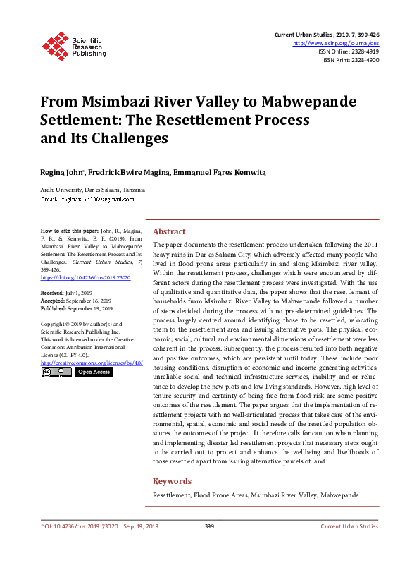 (PDF) From Msimbazi River Valley to Mabwepande Settlement: The ...