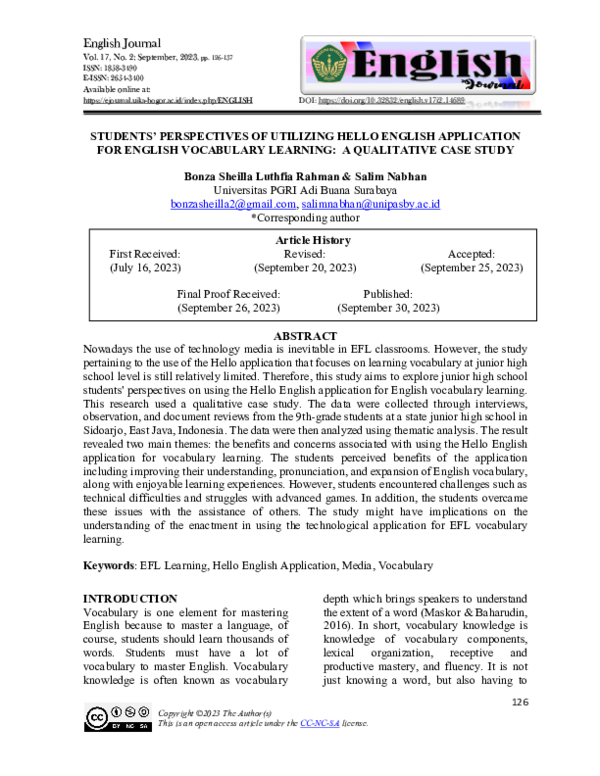 (PDF) Students’ Perspectives of Utilizing Hello English Application for ...