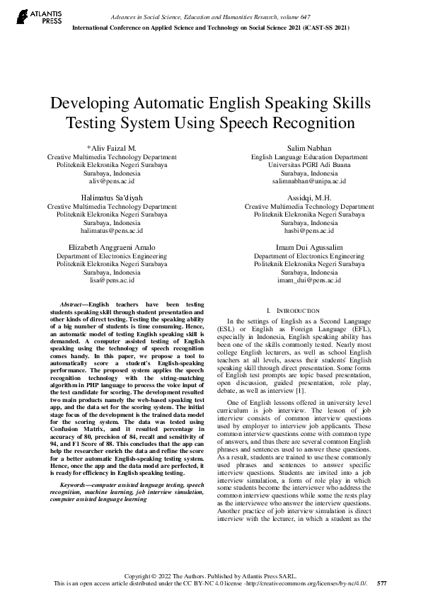 (PDF) Developing Automatic English Speaking Skills Testing System Using ...