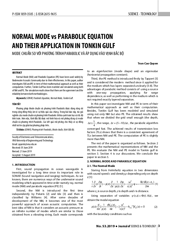 (PDF) NORMAL MODE vs PARABOLIC EQUATION AND THEIR APPLICATION IN TONKIN ...