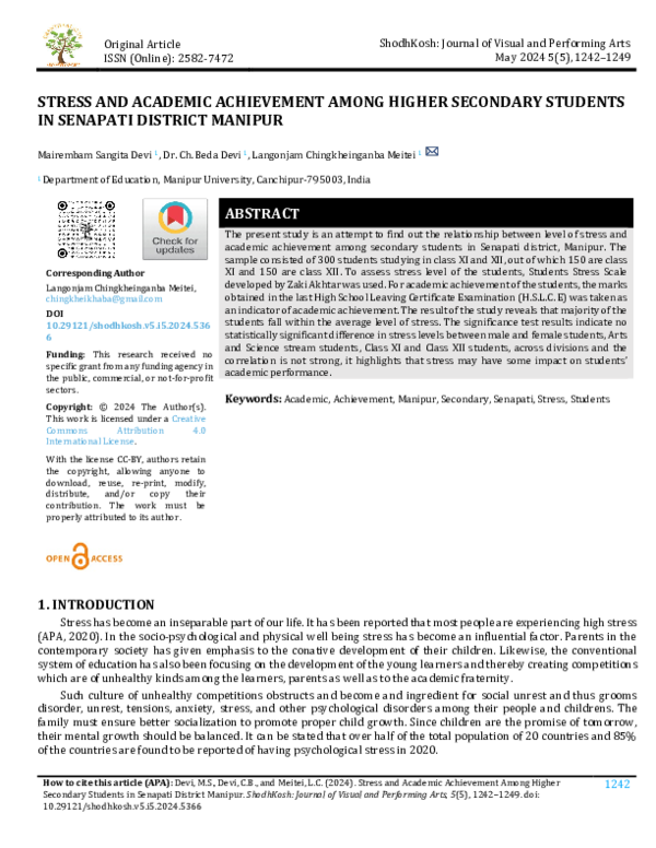 (PDF) STRESS AND ACADEMIC ACHIEVEMENT AMONG HIGHER SECONDARY STUDENTS IN SENAPATI DISTRICT MANIPUR