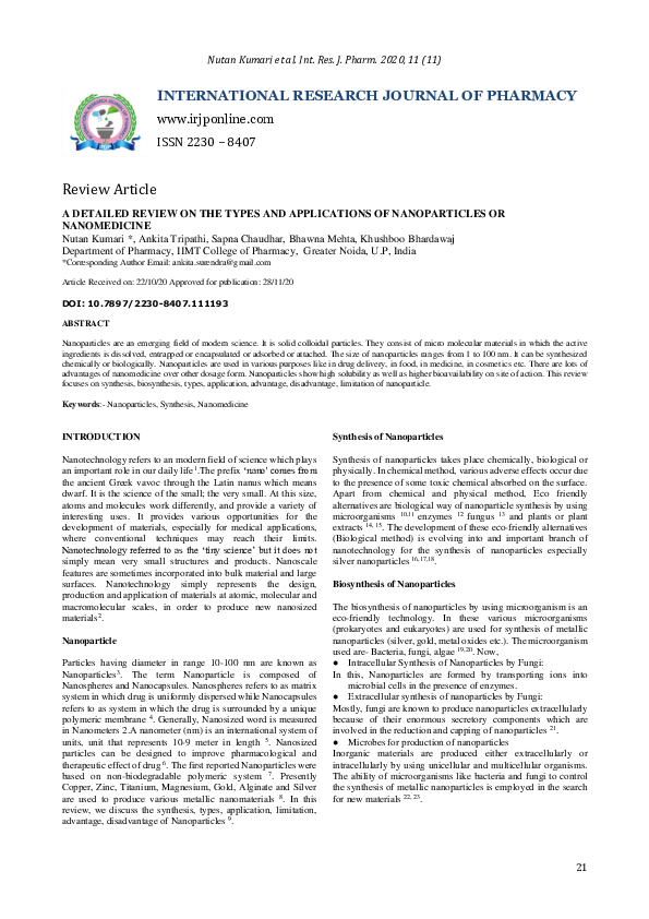 (PDF) A Detailed Review on the Types and Applications of Nanoparticles ...