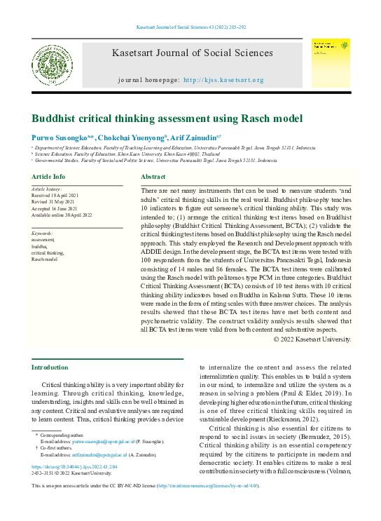 (PDF) Buddhist critical thinking assessment using Rasch model