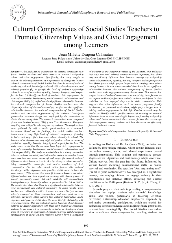 (PDF) Cultural Competencies of Social Studies Teachers to Promote ...
