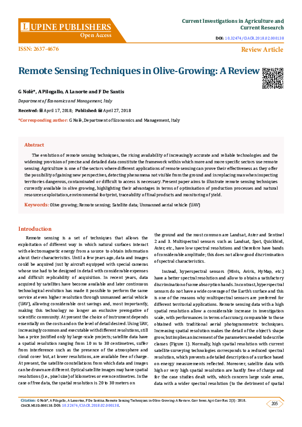 (PDF) Remote Sensing Techniques in Olive-Growing: A Review