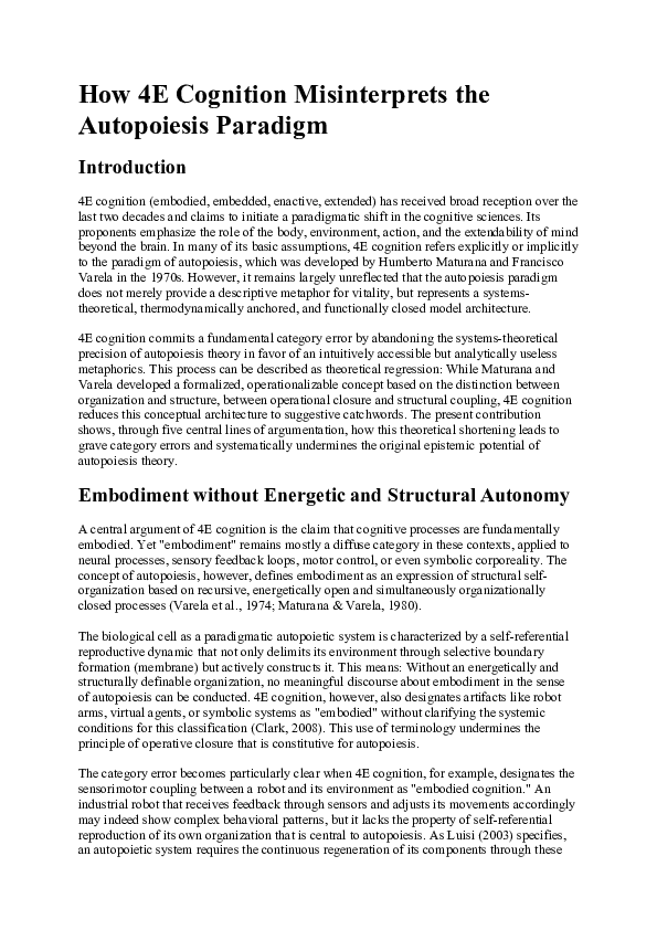 (PDF) How 4E Cognition Misinterprets the Autopoiesis Paradigm