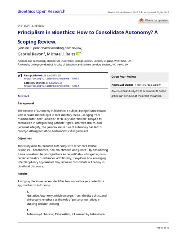 (PDF) Principlism in Bioethics: How to Consolidate Autonomy? A