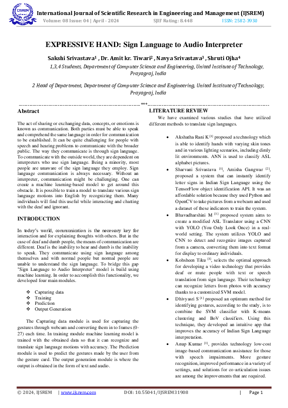 (PDF) EXPRESSIVE HAND: Sign Language to Audio Interpreter