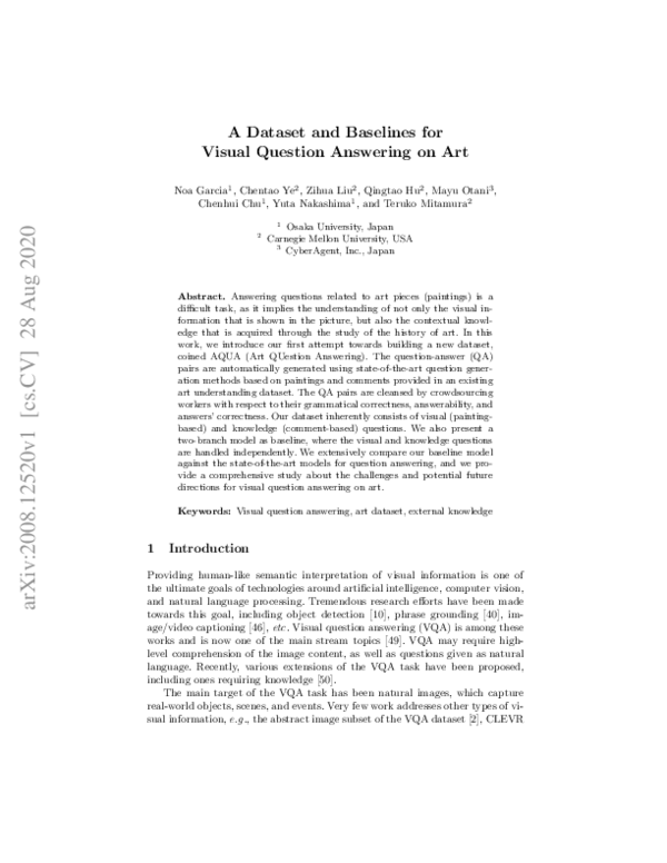 (PDF) A Dataset and Baselines for Visual Question Answering on Art