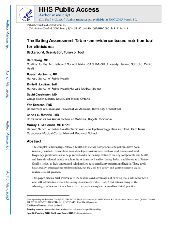(PDF) The Eating Assessment Table—An Evidence-Based Nutrition Tool for ...