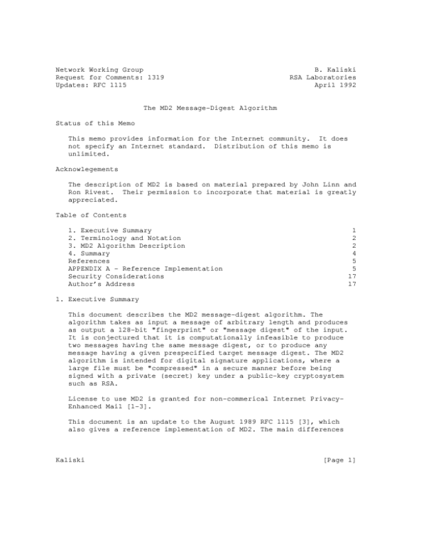 (PDF) The MD2 Message-Digest Algorithm