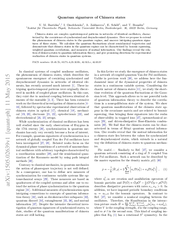 (PDF) Quantum signatures of chimera states