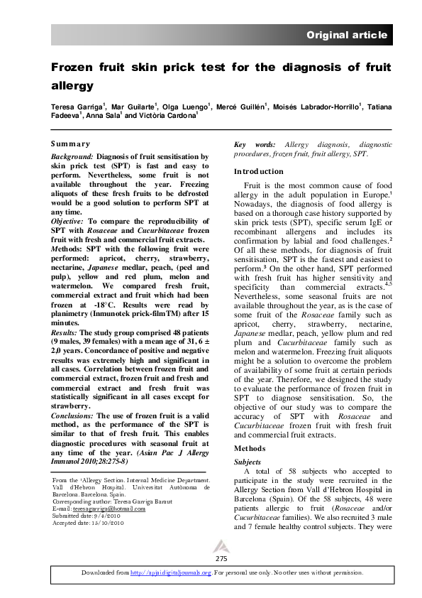 (PDF) Frozen fruit skin prick test for the diagnosis of fruit allergy