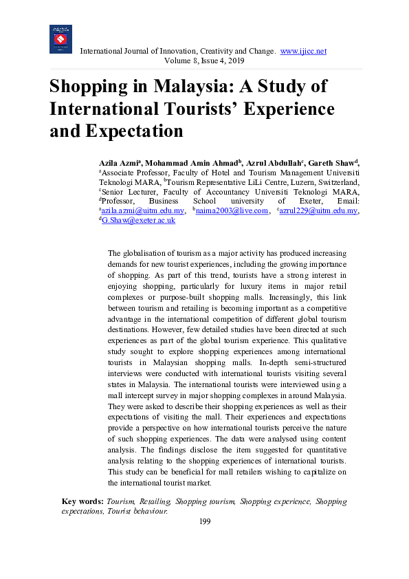(PDF) Shopping in Malaysia: A Study of International Tourists Experience and Expectation