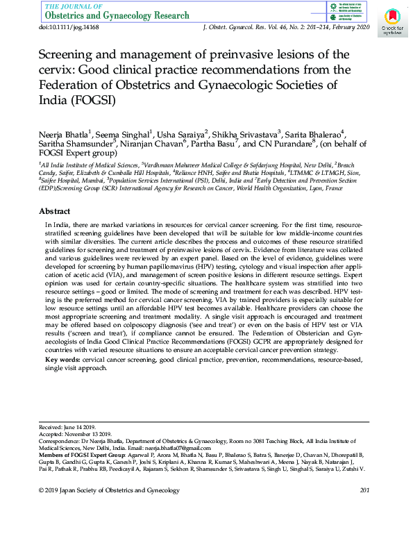 (PDF) Screening and management of preinvasive lesions of the cervix ...