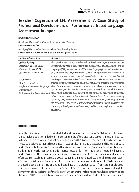 (PDF) Teacher Cognition of EFL Assessment: A Case Study of Professional Development on ...