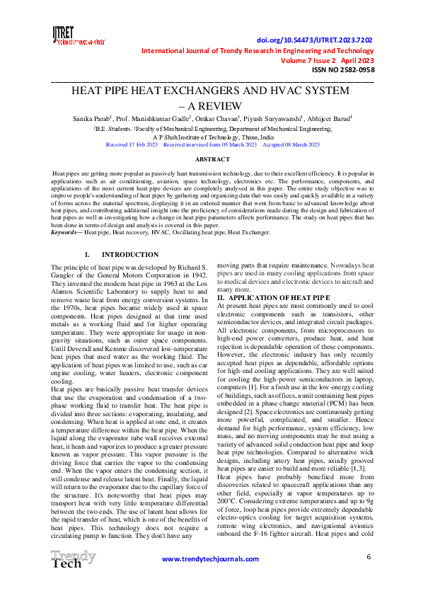(PDF) HEAT PIPE HEAT EXCHANGERS AND HVAC SYSTEM -A REVIEW