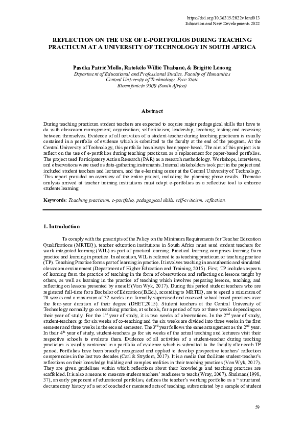 (PDF) Reflection on the Use of E-Portfolios During Teaching Practicum at a University of ...