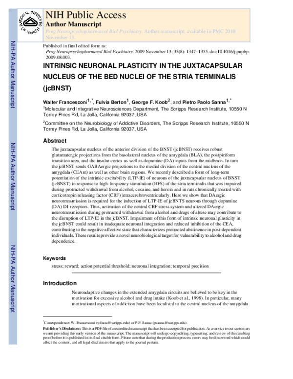 (PDF) Intrinsic neuronal plasticity in the juxtacapsular nucleus of the bed nuclei of the stria ...