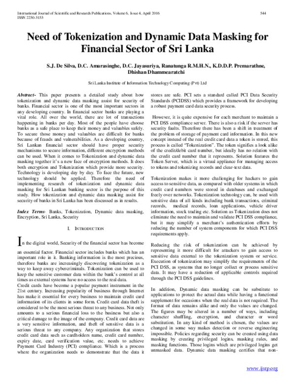 (PDF) Need of Tokenization and Dynamic Data Masking for Financial Sector of Sri Lanka