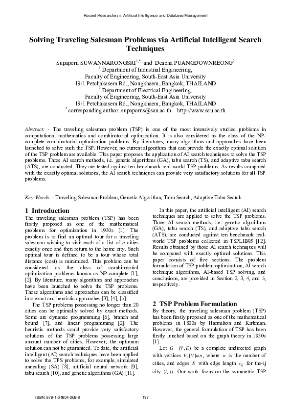 (PDF) Solving traveling salesman problems via artificial intelligent search techniques