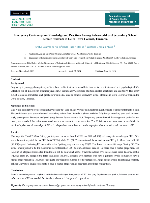 (PDF) Emergency Contraception Knowledge and Practices Among Advanced ...