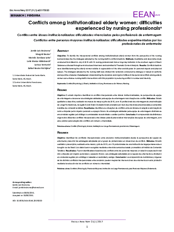 (PDF) Conflicts among institutionalized elderly women: difficulties ...