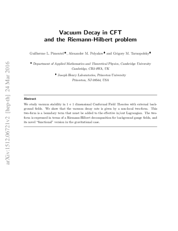 (PDF) Vacuum decay in CFT and the Riemann–Hilbert problem