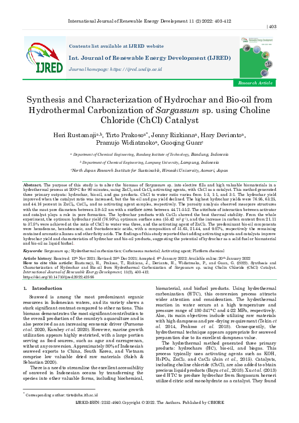 (PDF) Synthesis and Characterization of Hydrochar and Bio-oil from ...
