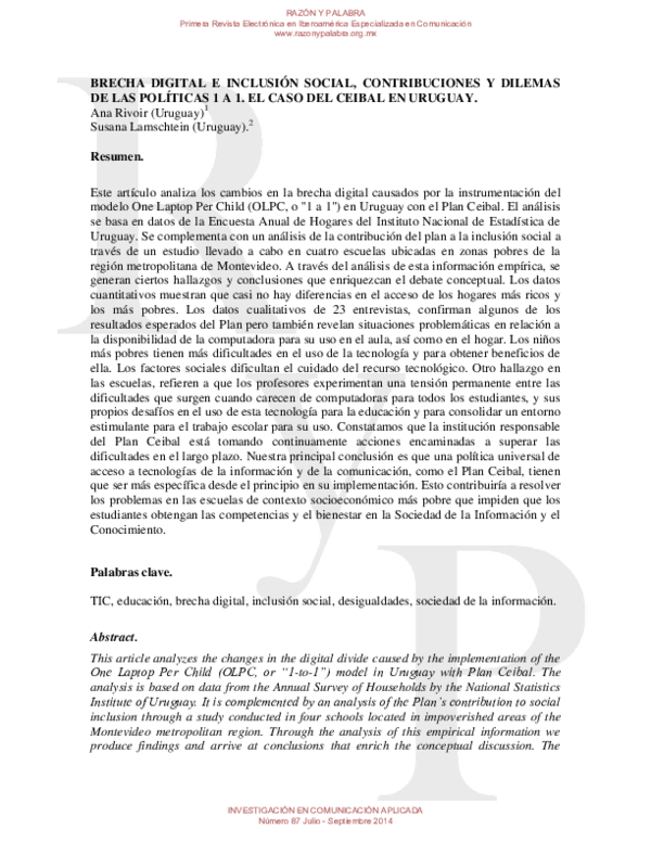 (PDF) Brecha digital e inclusión social, contribuciones y dilemas de las políticas 1 a 1: El ...