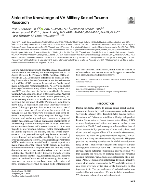(PDF) State of the Knowledge of VA Military Sexual Trauma Research