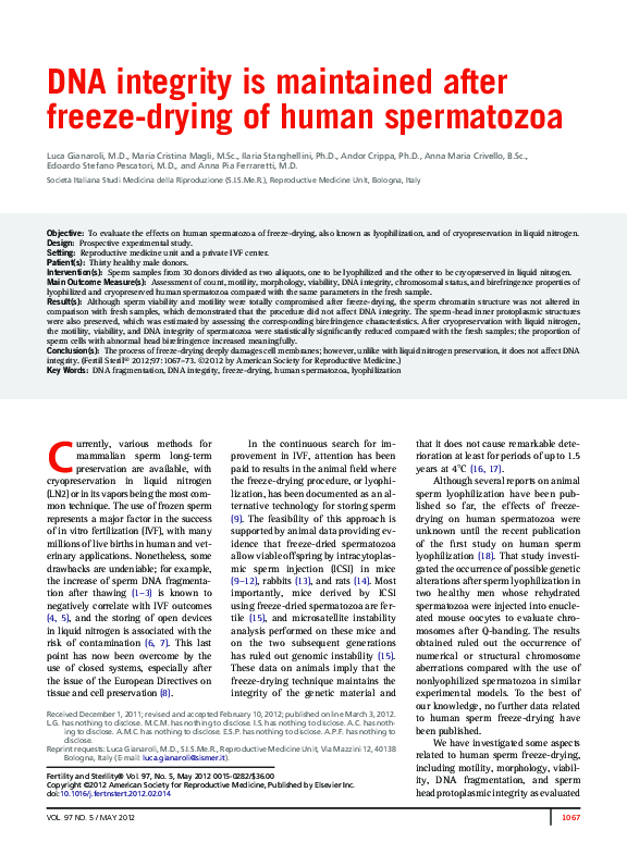 (PDF) DNA integrity is maintained after freeze-drying of human spermatozoa