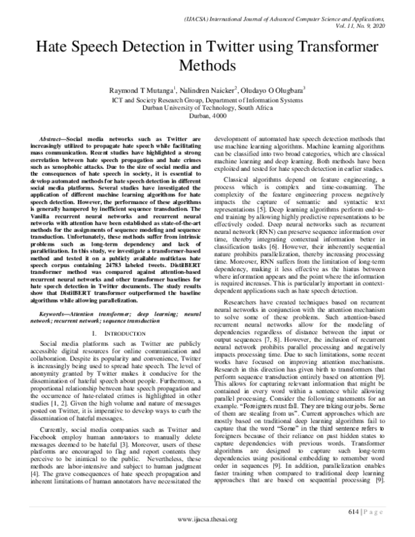 (PDF) Hate Speech Detection in Twitter using Transformer Methods