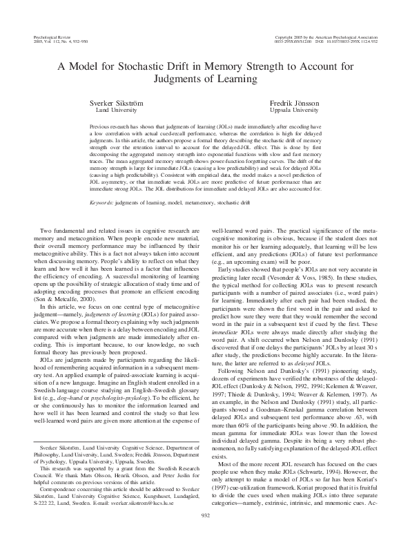(PDF) A Model for Stochastic Drift in Memory Strength to Account for ...