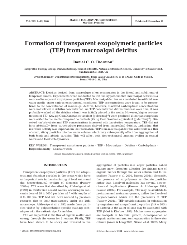 (PDF) Formation of transparent exopolymeric particles (TEP) from ...