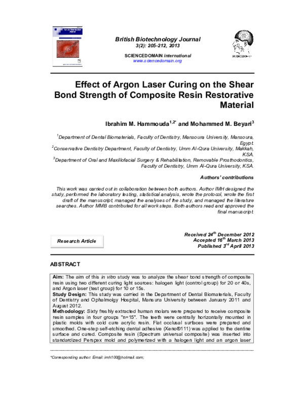 (PDF) Effect of Argon Laser Curing on the Shear Bond Strength of ...