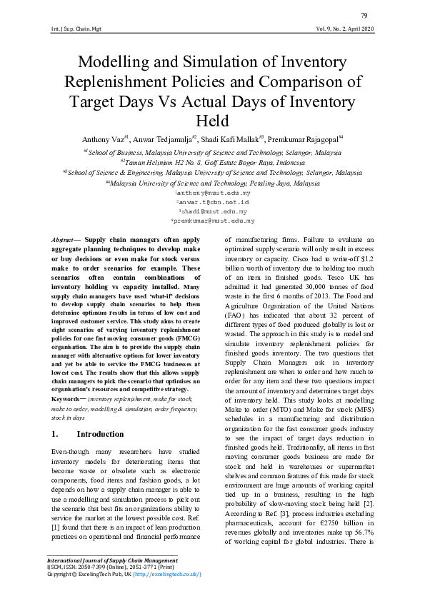 (PDF) Modelling and Simulation of Inventory Replenishment Policies and Comparison of Target Days ...